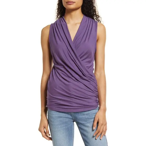 Loveappella Cross Drape Sleeveless Top - Violet