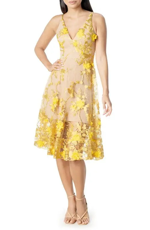 Dress The Population Audrey Embroidered Dress - Canary