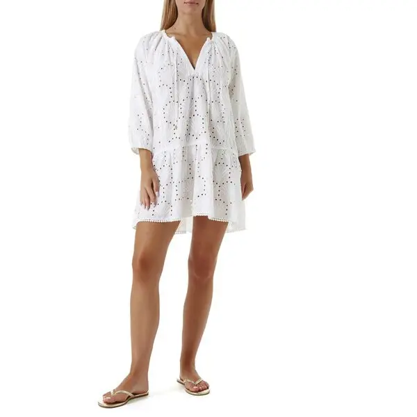 Melissa Odabash Ashley Eyelet Detail Cotton Cover-up Tunic - White Fan