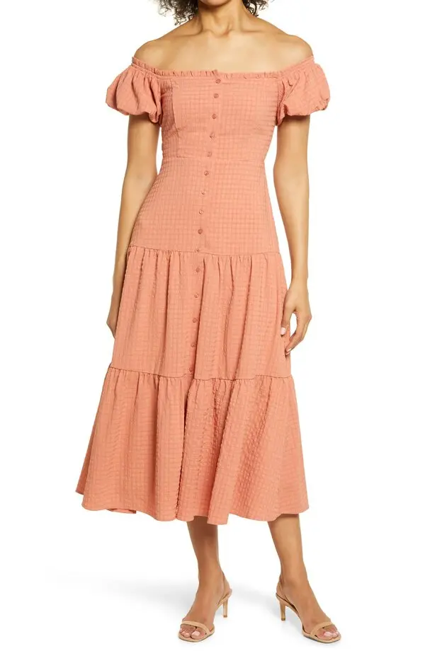 Floret Studios Off The Shoulder Tiered Midi Dress In Dusty Coral - 58% Off  | Editorialist