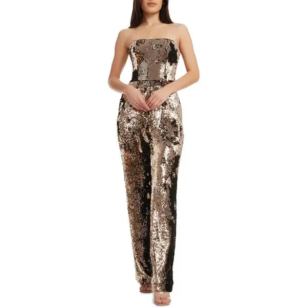 Dress The Population Andy Sequin Strapless Wide Leg Jumpsuit - Gold