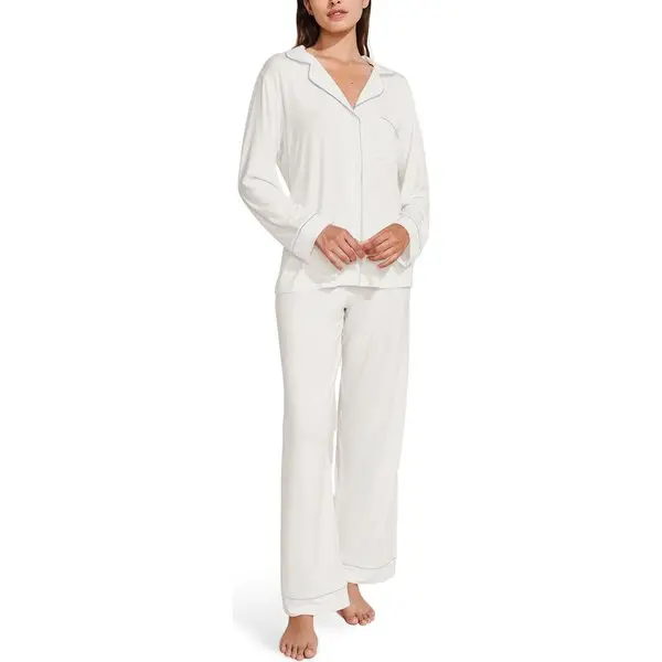 Eberjey Gisele Long Pajamas - Pure Ivory/ Navy