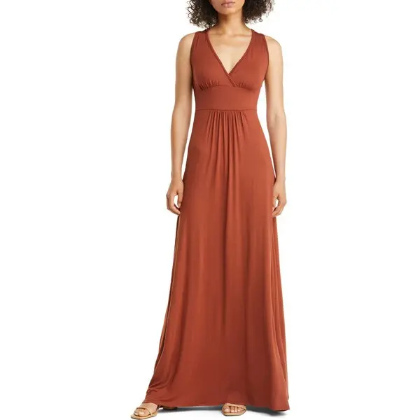 Loveappella V-neck Jersey Maxi Dress - Hazelnut