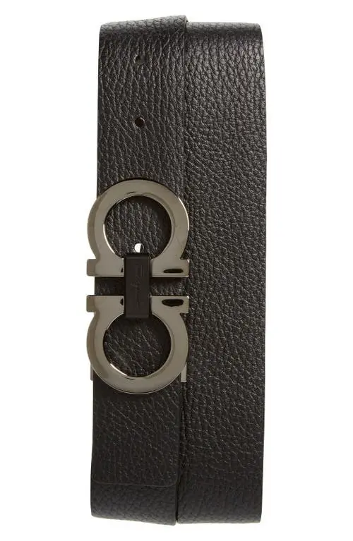 FERRAGAMO Reversible Double Gancio Belt - Black/hickory