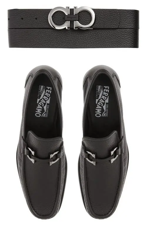 FERRAGAMO Reversible Double Gancio Belt - Black/hickory