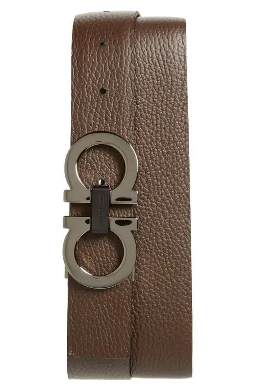 FERRAGAMO Reversible Double Gancio Belt - Black/hickory