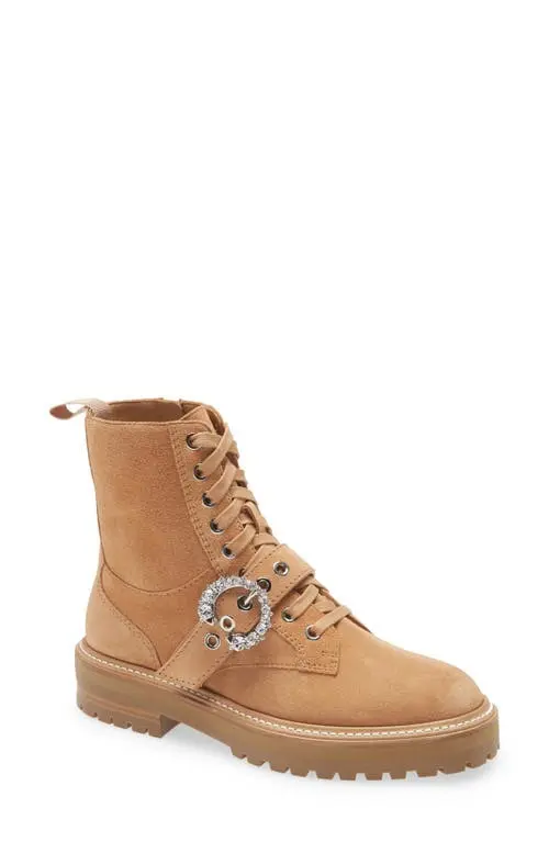 JIMMY CHOO Cora Crystal Buckle Combat Boots - Caramel/crystal