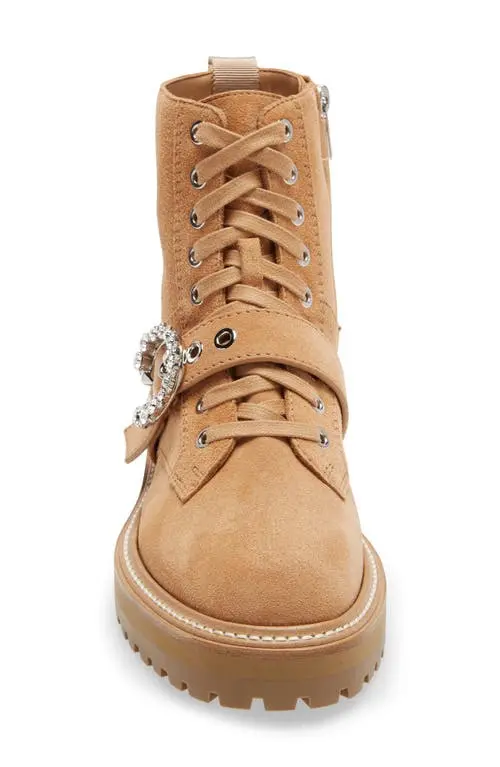 JIMMY CHOO Cora Crystal Buckle Combat Boots - Caramel/crystal