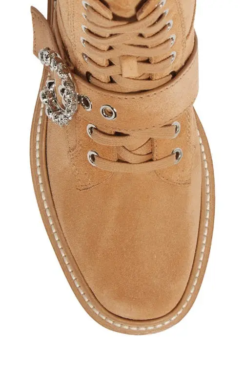 JIMMY CHOO Cora Crystal Buckle Combat Boots - Caramel/crystal
