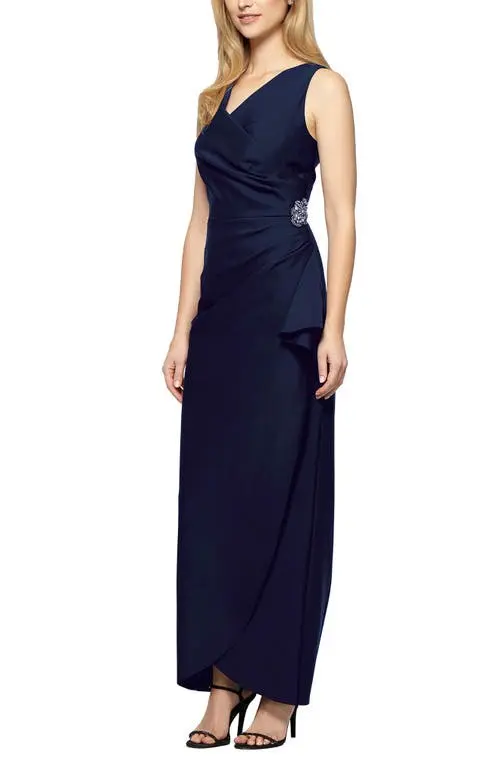 Alex Evenings Embellished Side Draped Column Gown - Navy