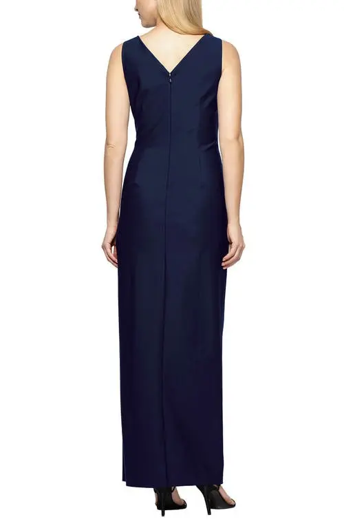 Alex Evenings Embellished Side Draped Column Gown - Navy