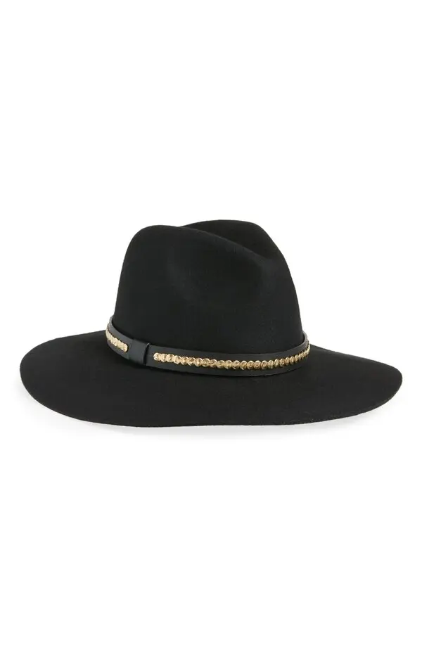 All Saints Black Wide Brim Fedora with Gold Chain Detail Elegant Felt Wide Brim Fedora Hat with Gold Chain  main image 3