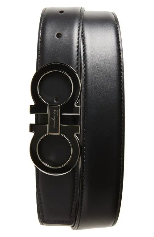 FERRAGAMO Double Gancio Leather Belt - Black