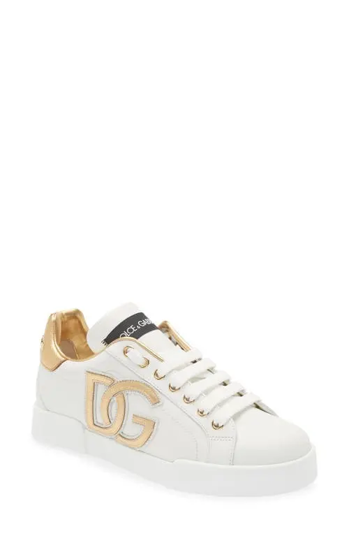 Dolce & Gabbana Portofino Leather Sneakers - White/gold