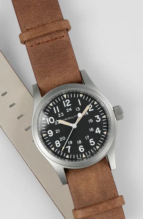 Hamilton Khaki Field Leather Strap Watch - Brown/ Black/ Silver