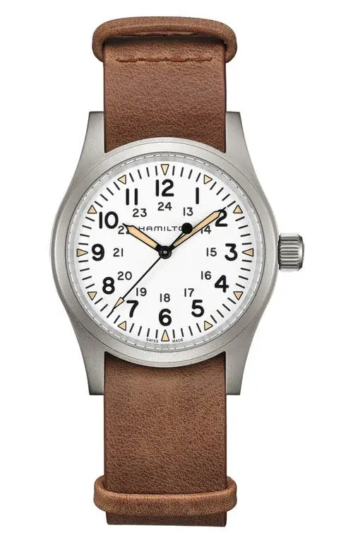 Hamilton Khaki Field Leather Strap Watch - Brown/ White/ Silver