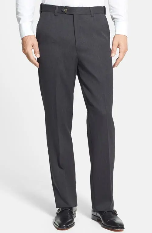 Berle Self Sizer Waist Flat Front Wool Gabardine Trousers - Charcoal