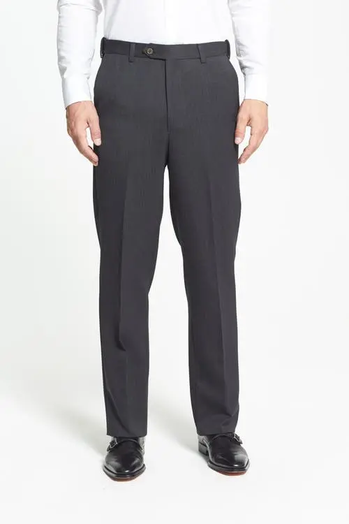 Berle Self Sizer Waist Flat Front Wool Gabardine Trousers - Charcoal