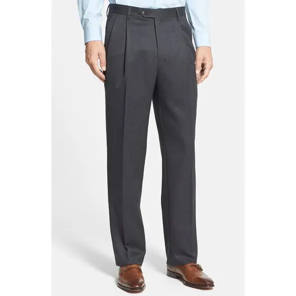 Berle Pleated Classic Fit Wool Gabardine Trousers - Charcoal