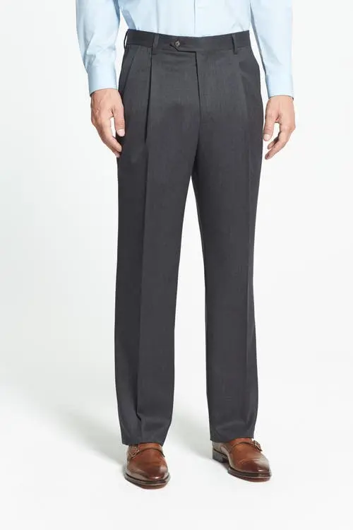 Berle Pleated Classic Fit Wool Gabardine Trousers - Charcoal