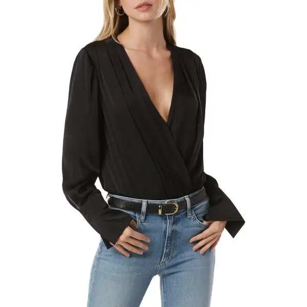 FAVORITE DAUGHTER Surplice Long Sleeve Bodysuit - Black