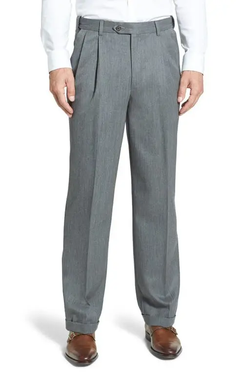 Berle Self Sizer Waist Pleated Classic Fit Wool Gabardine Dress Trousers - Medium Grey