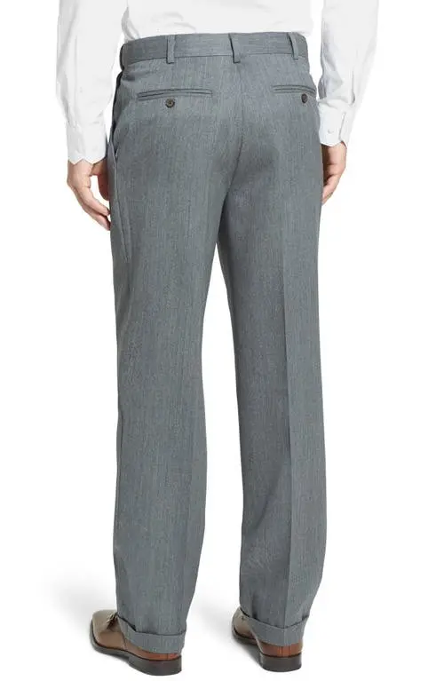 Berle Self Sizer Waist Pleated Classic Fit Wool Gabardine Dress Trousers - Medium Grey