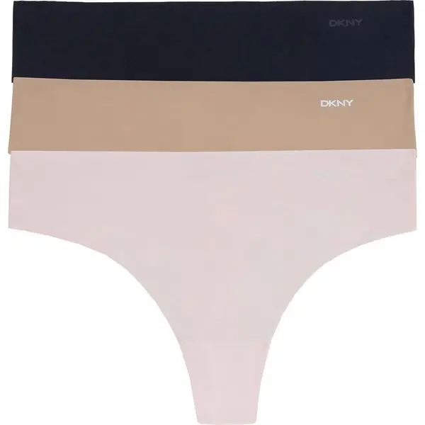 Dkny Litewear Cut Anywhere 3-pack Thongs - Black Glow Pearl Cream