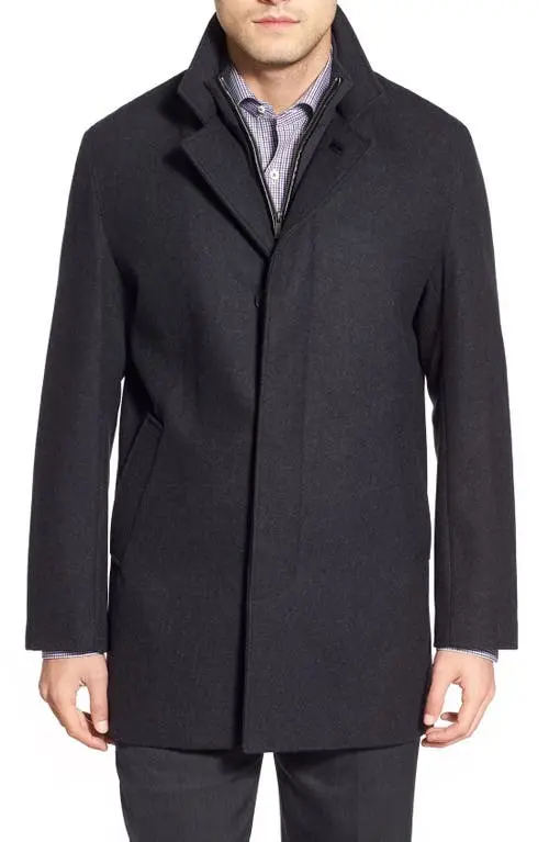 Cole Haan Wool-blend Topcoat With Inset Knit Bib
