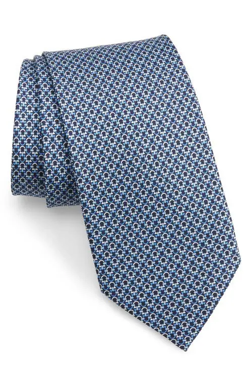 FERRAGAMO Gancini Pattern Silk Tie - F.navy/ Azzurro