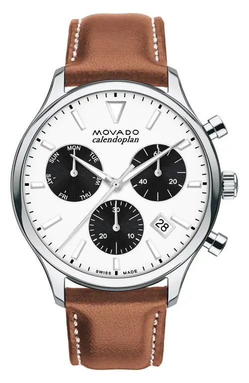 Movado Heritage Chronograph Leather Strap Watch - Brown/white