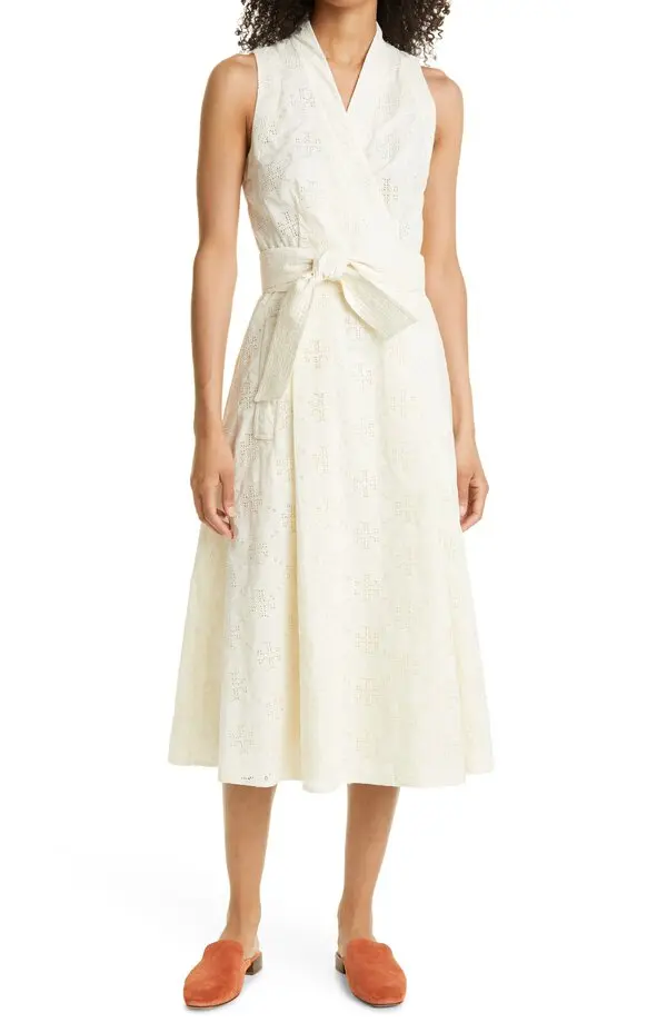 Tory Burch Logo Embroidered Sleeveless Faux Wrap Dress - New Ivory |  Editorialist