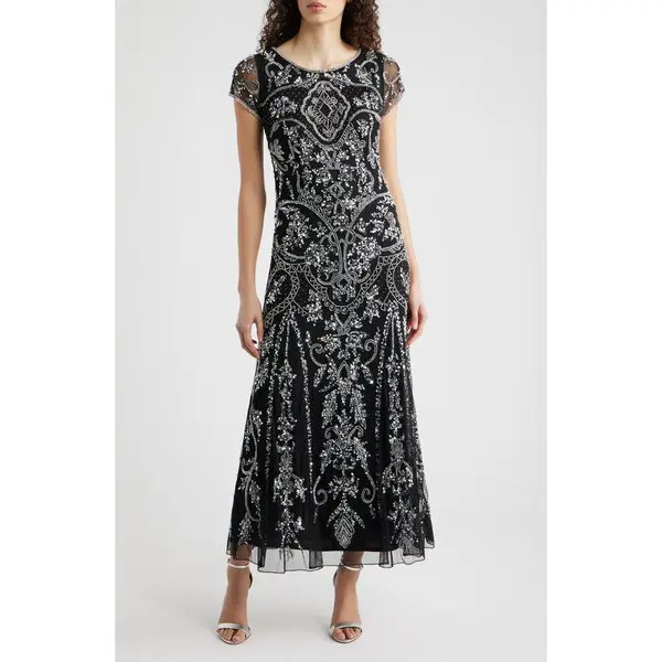 Pisarro Nights Beaded Mesh Column Gown - Black/silver 013