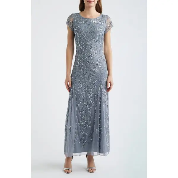 Pisarro Nights Beaded Mesh Column Gown - Ice Blue 459