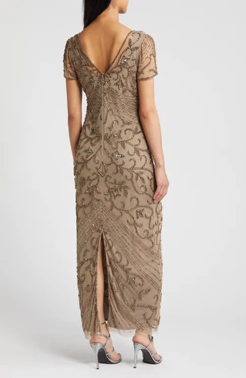 Pisarro Nights Beaded Mesh Column Gown - Oyster