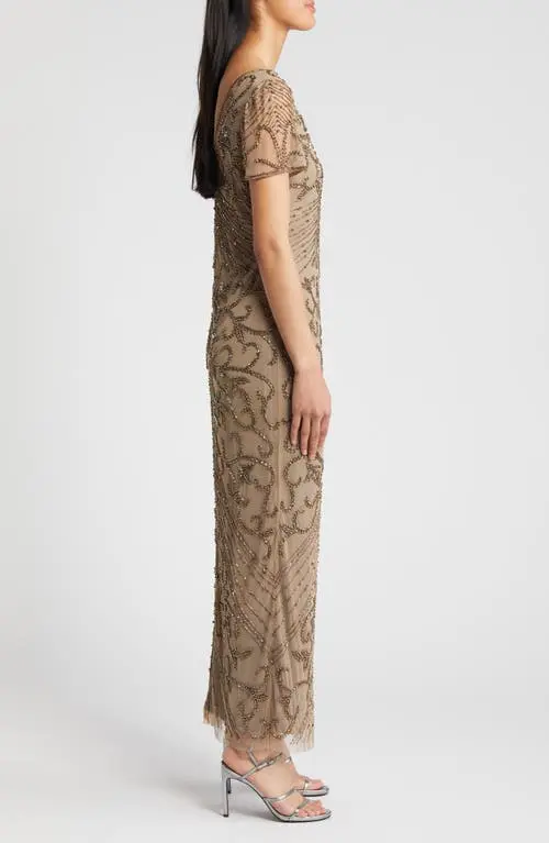 Pisarro Nights Beaded Mesh Column Gown - Oyster