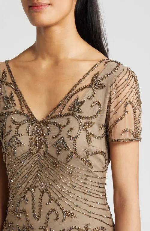 Pisarro Nights Beaded Mesh Column Gown - Oyster