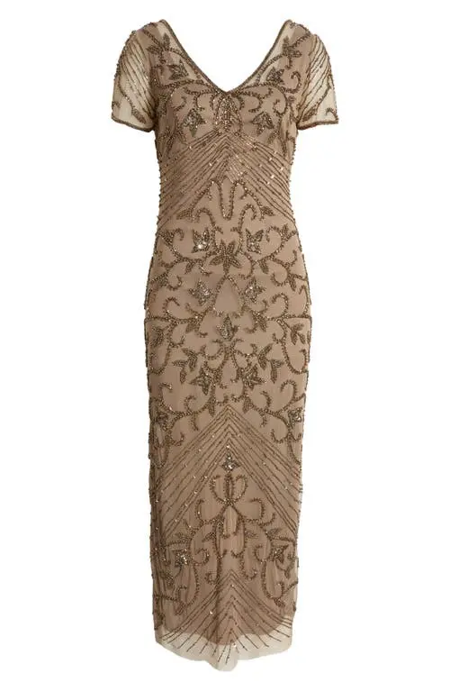 Pisarro Nights Beaded Mesh Column Gown - Oyster