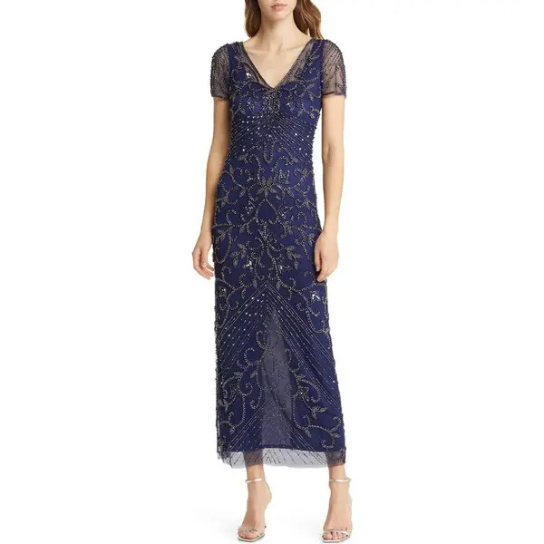 Pisarro Nights Beaded Mesh Column Gown - Sapphire 430
