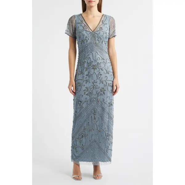 Pisarro Nights Beaded Mesh Column Gown - Soft Blue 401