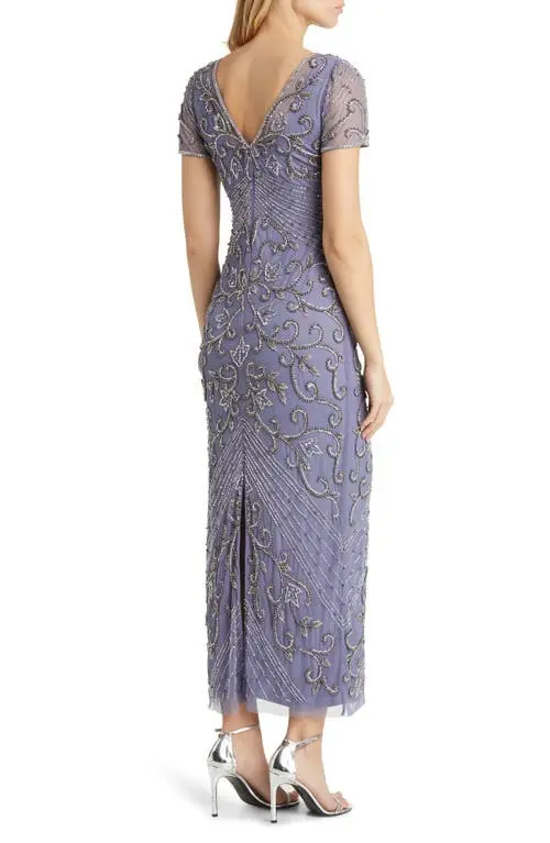 Pisarro Nights Beaded Mesh Midi Cocktail Dress - Violet