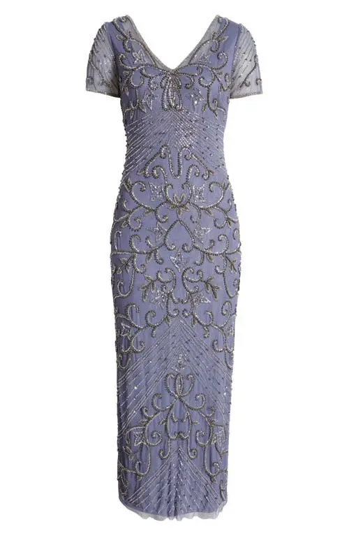 Pisarro Nights Beaded Mesh Midi Cocktail Dress - Violet