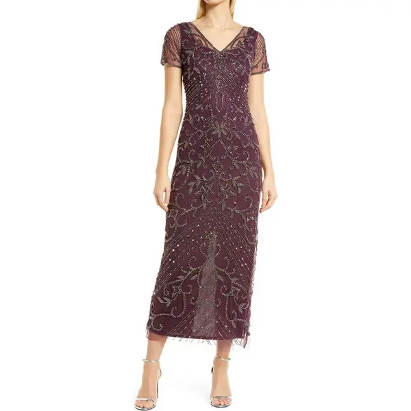 Pisarro Nights Beaded Tulle Midi Dress - Wine 601