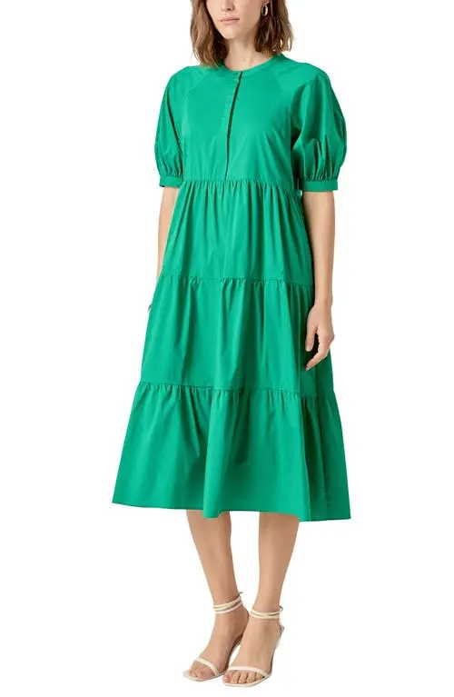 English Factory Puff Sleeve Tiered Midi Dress - Kelly Green