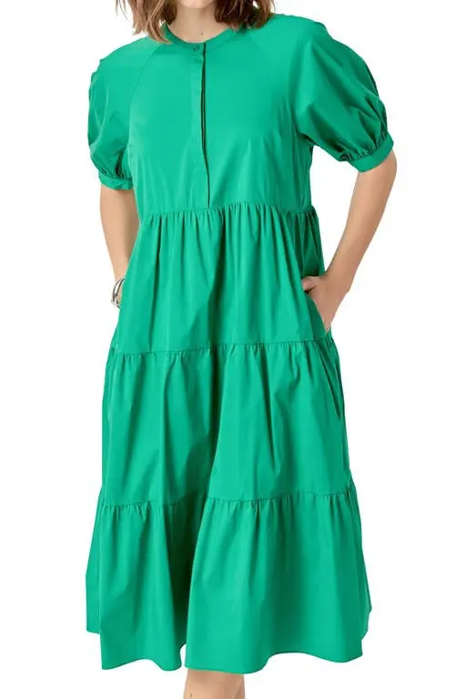 English Factory Puff Sleeve Tiered Midi Dress - Kelly Green