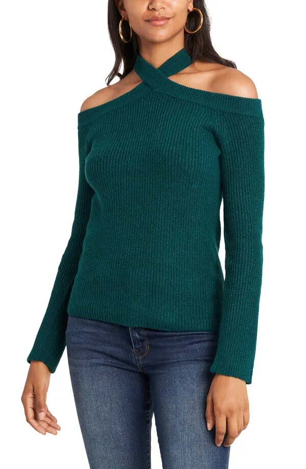 1.State Cross Neck Cold Shoulder Sweater