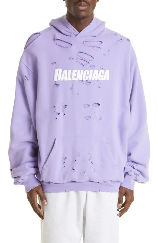 Balenciaga Logo Destroyed Hoodie - Purple | Editorialist