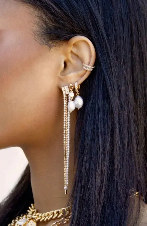 Ettika Pearl & Crystal Linear Drop Earrings