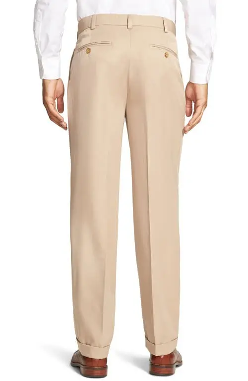 Berle Self Sizer Waist Pleated Classic Fit Microfiber Trousers - Tan