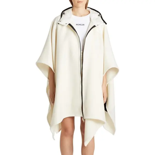 Moncler Mantella Down Hood Logo Jacquard Wool Cape - White